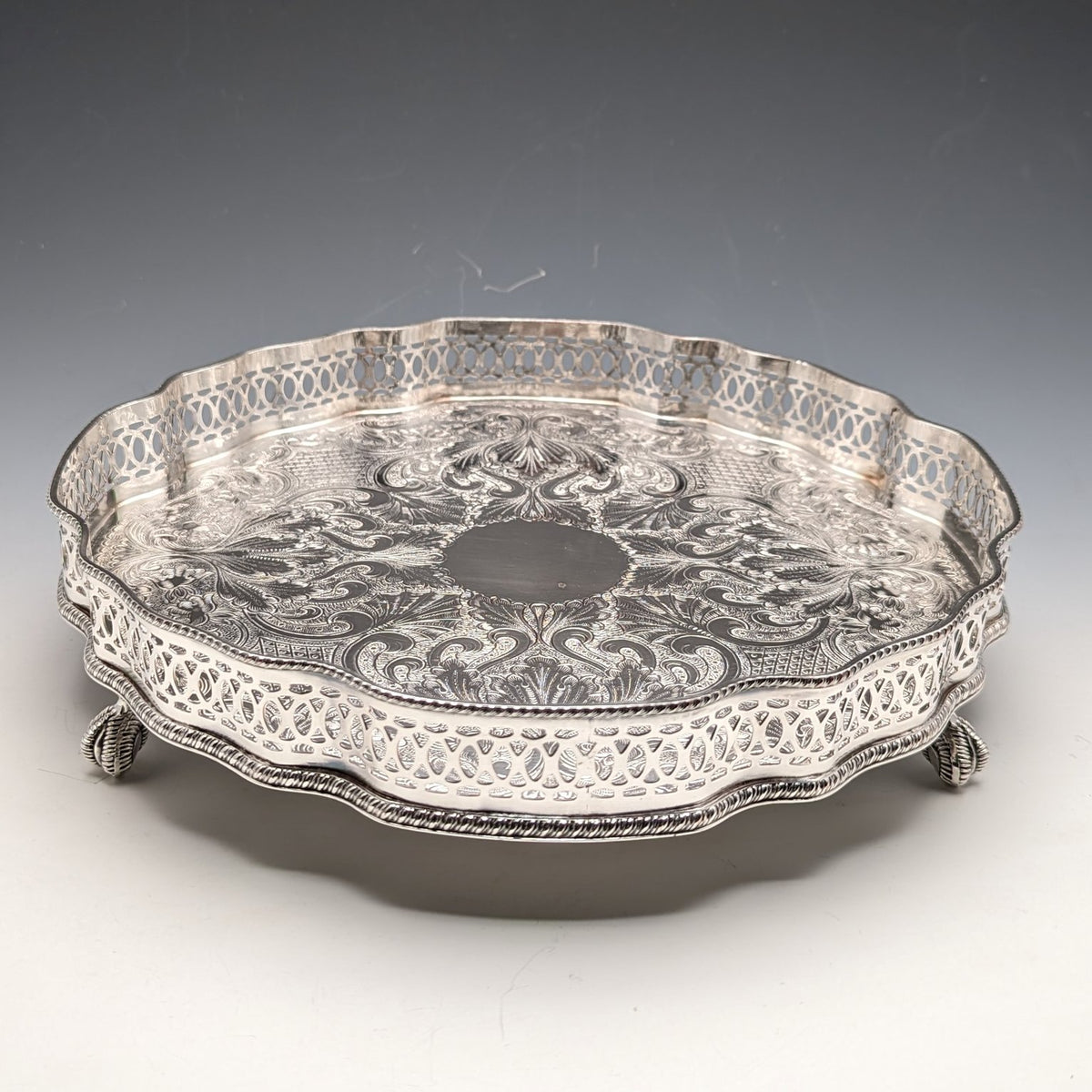 British Vintage Silver Plated Gallery Tray with Legs 25cm Diameter Wal ...