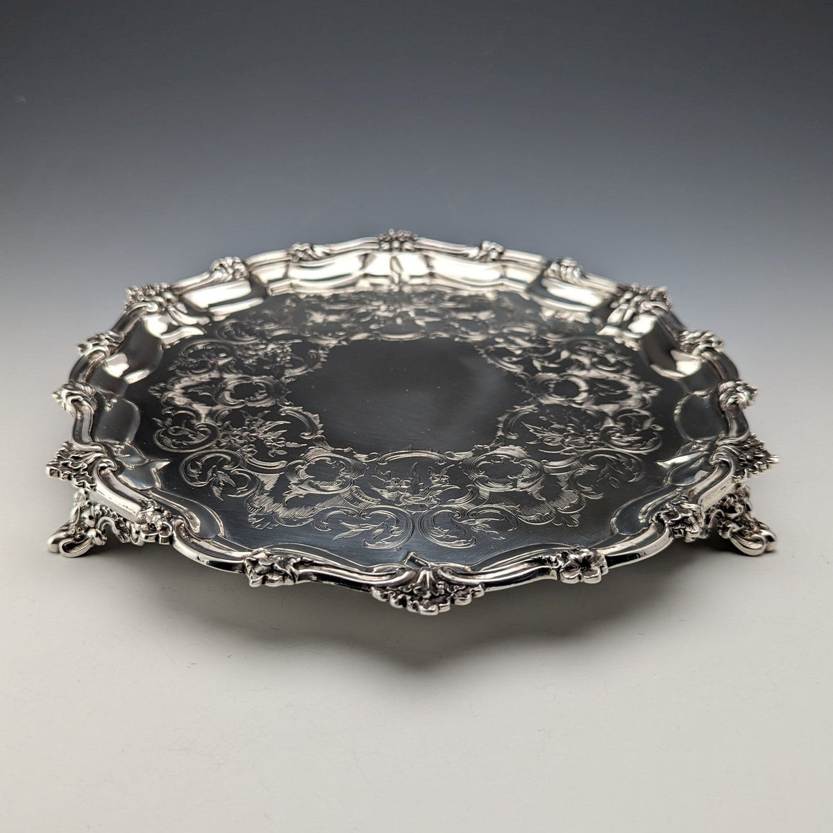 1846 British antique sterling silver Salva card tray, diameter 23cm, 3 ...
