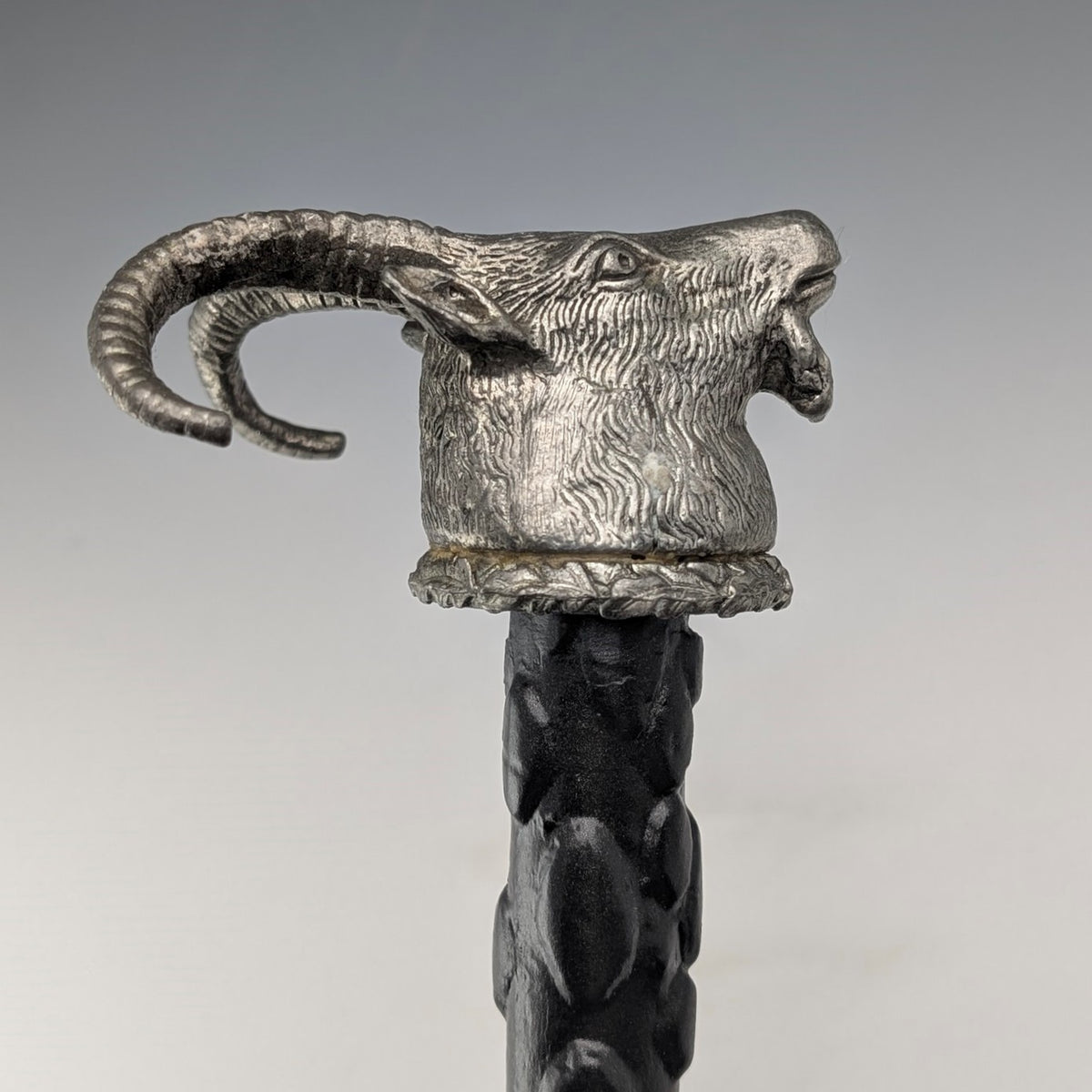 British vintage black shaft pewter goat head handle walking stick 85cm ...
