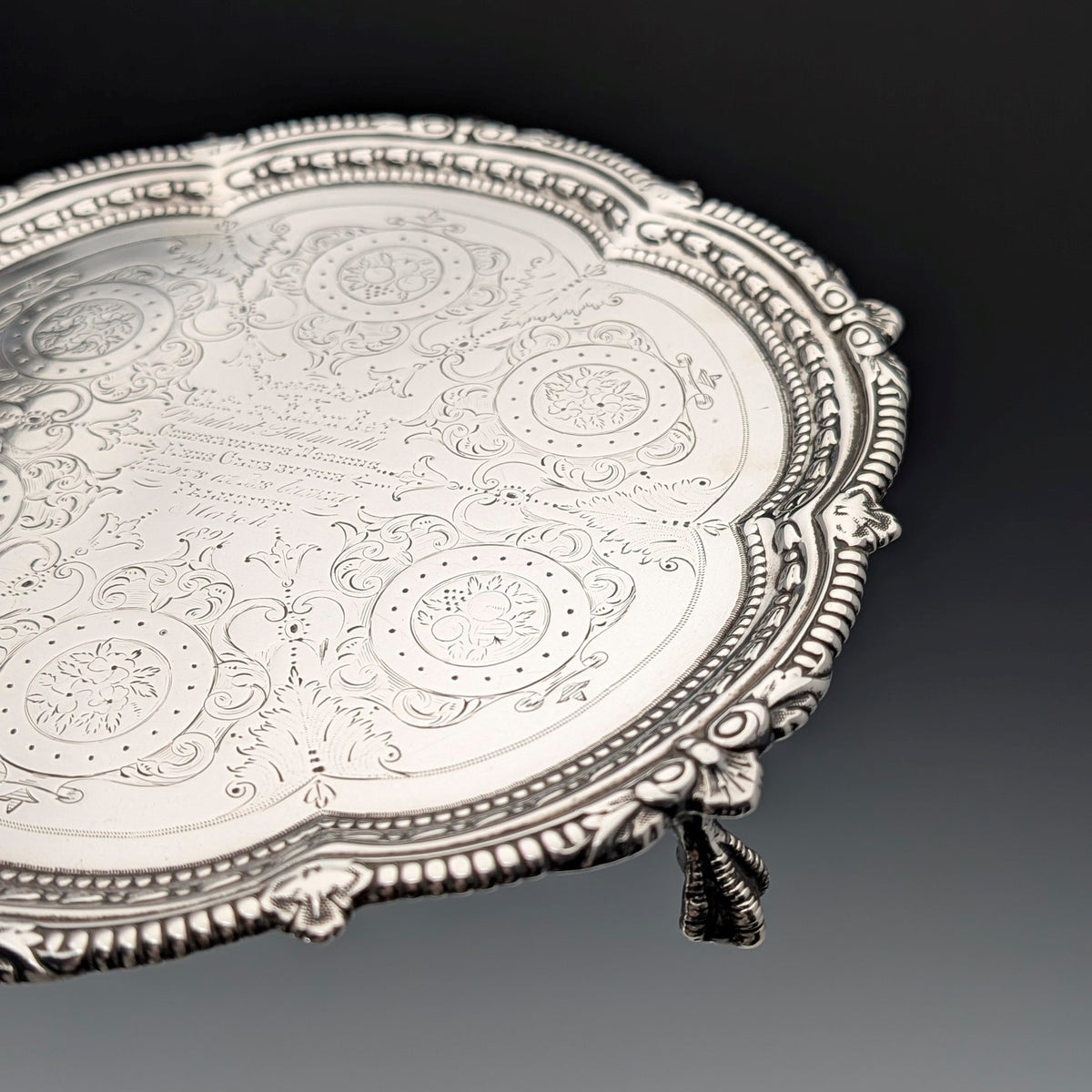 1893 British antique sterling silver Salva card tray diameter 23cm 413 ...