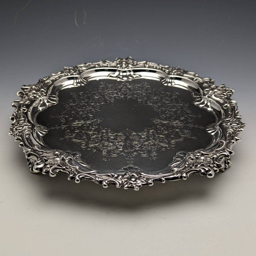 1899 British Antique Sterling Silver Salva Card Tray Diameter 21.5cm 4 ...