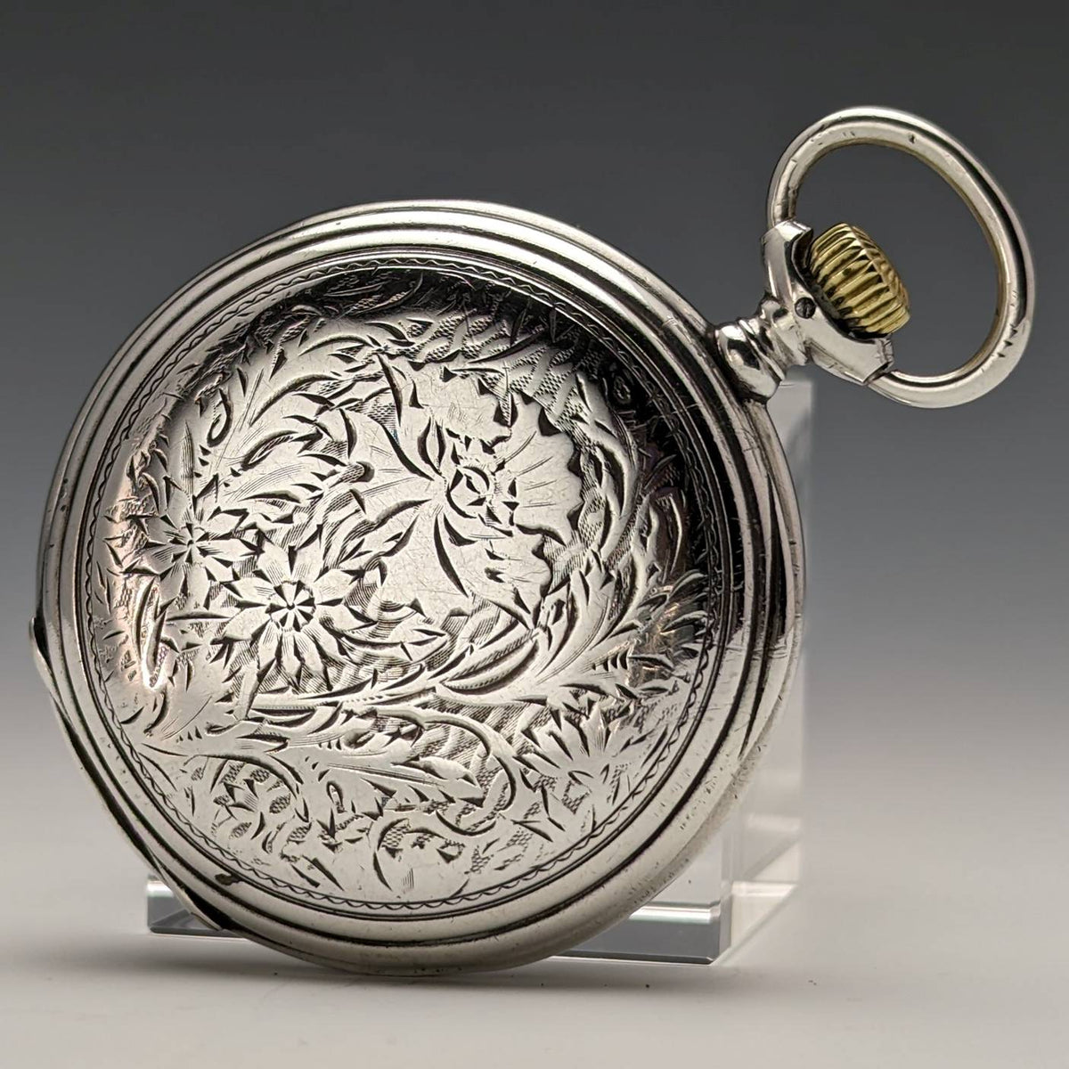 Around 1907 Antique Longines pocket watch flower engraving silver side ...