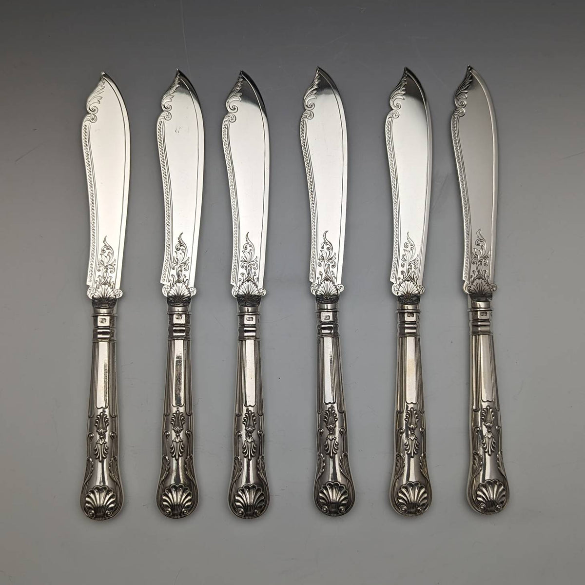 1870 British Antique Sterling Silver Fish Cutlery 6 Pair Set Boxed Wil ...